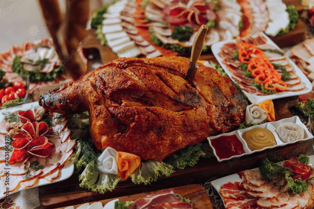 Cossack table. Banquet hall Meat treats for guests. Homemade cutouts ...