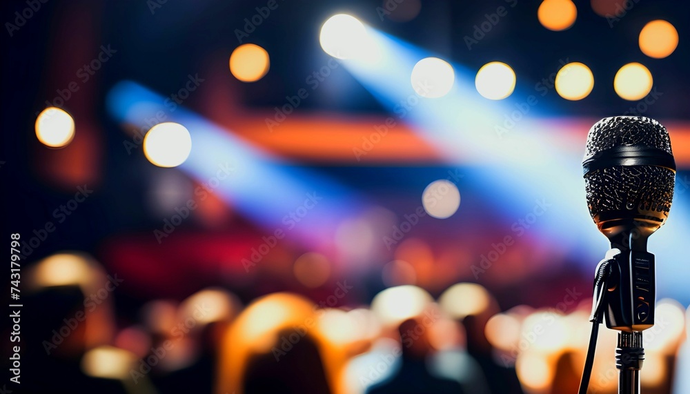 A single microphone on a stand is highlighted by a spotlight against a ...