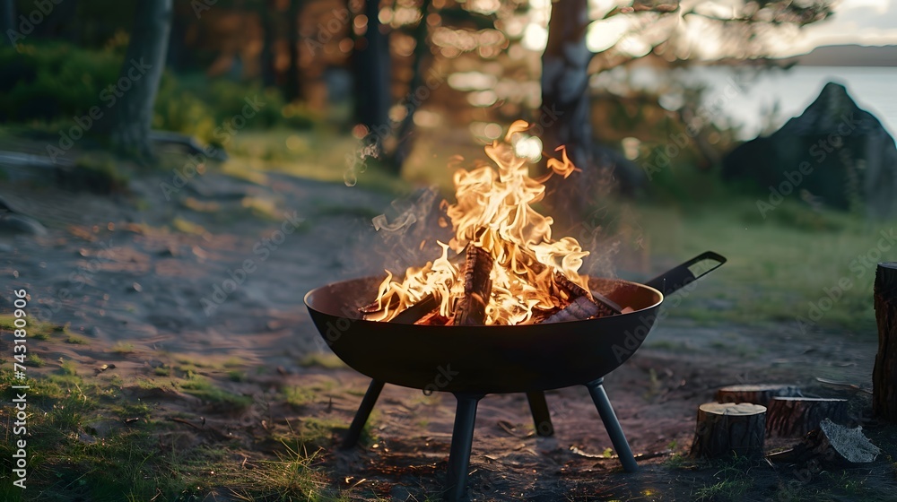 Flames in a fire in a fire pit. Cast iron fire pit campfire place at ...