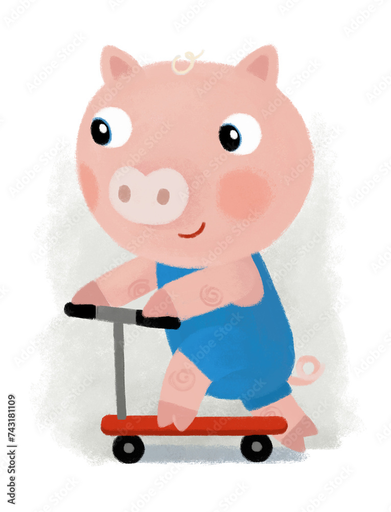cartoon scene with farm pig boy child riding on scooter transportation ...