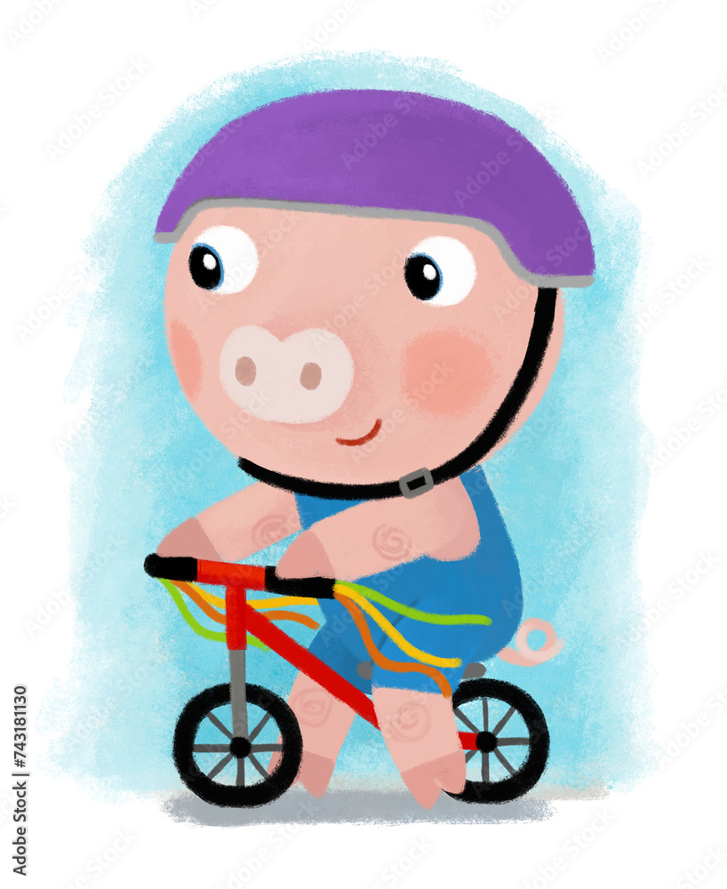 cartoon scene with farm pig boy child riding on bicycyle transportation ...