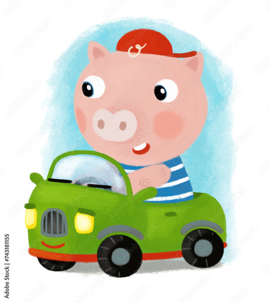cartoon scene with farm pig boy child driving car transportation ...