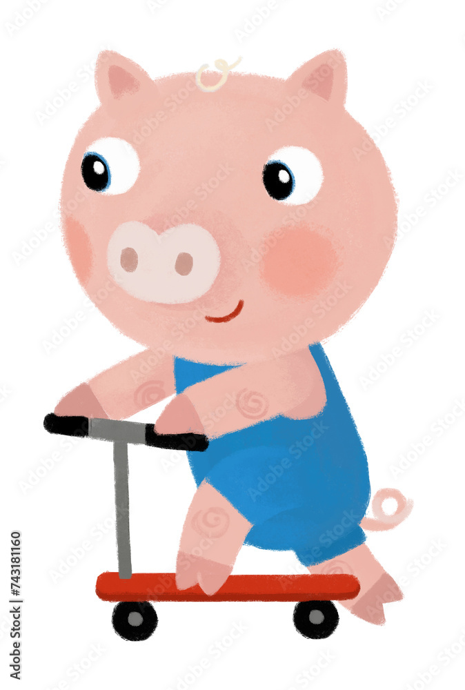 cartoon scene with farm pig boy child riding on scooter transportation ...
