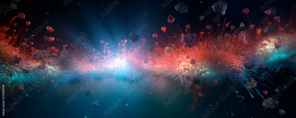 An explosion of virus particles in a dark void symbolizes the swift ...