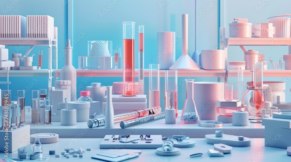 Pastel-colored 3D illustration of a materials science lab with samples ...