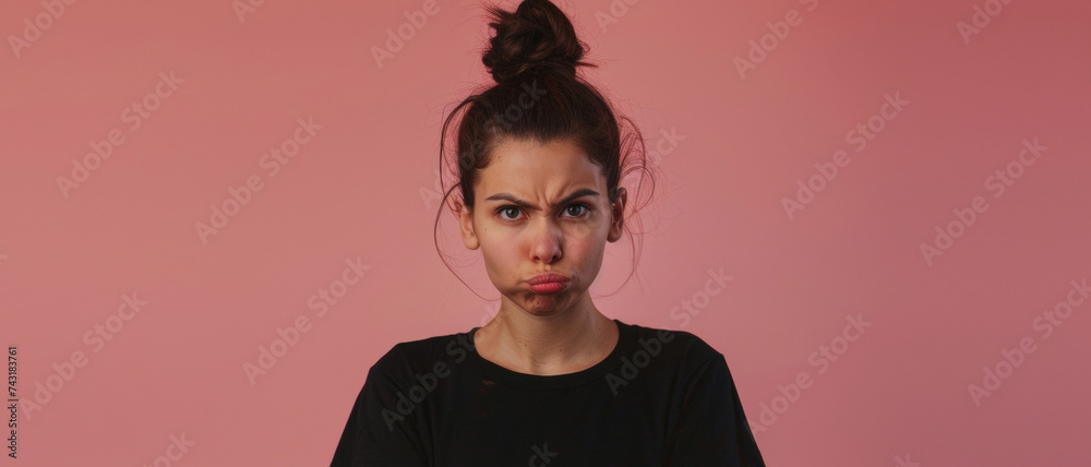 Quirky young woman making a funny face, with puckered lips on a pink ...