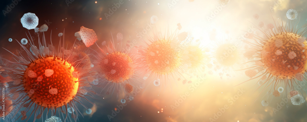 Viruses with glowing cores and icy exteriors are shown in a wide view ...