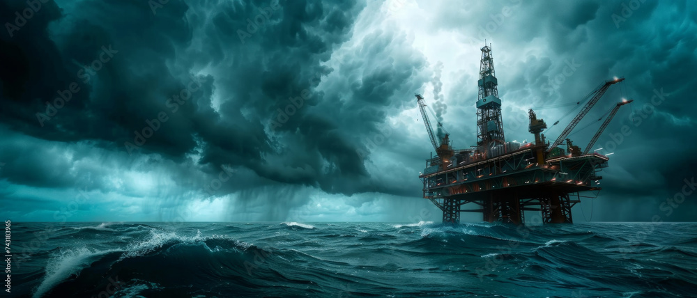 Rain clouds loom over an offshore oil rig amidst turbulent ocean waves ...