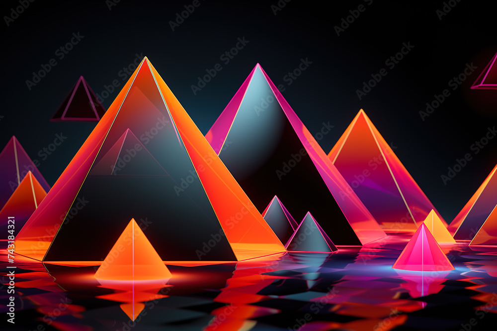 A 3D geometric abstraction with a neon color scheme. The shapes are ...