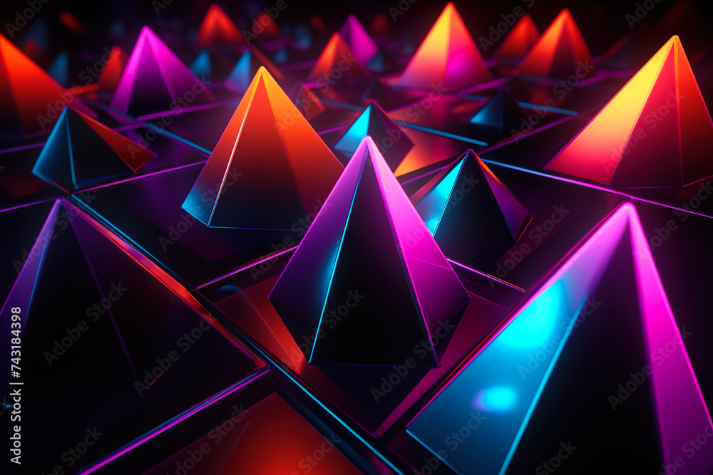 A 3D geometric abstraction with a neon color scheme. The shapes are ...