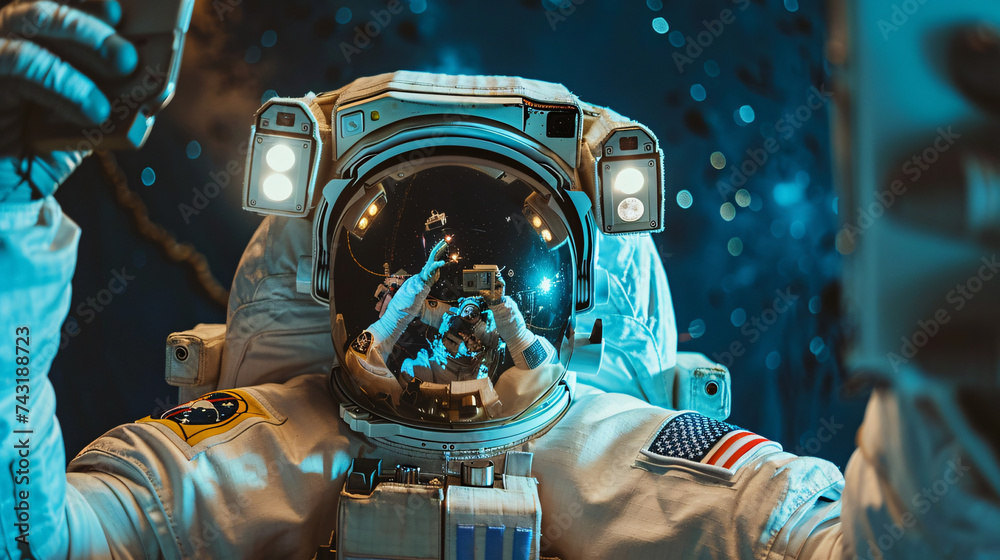 POV Selfie of a Man in a Space Suit Talking on a Video Call in Outer ...