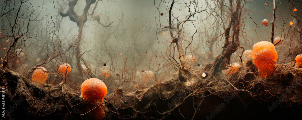 An abstract, ultra-wide landscape evokes a primordial forest with ...