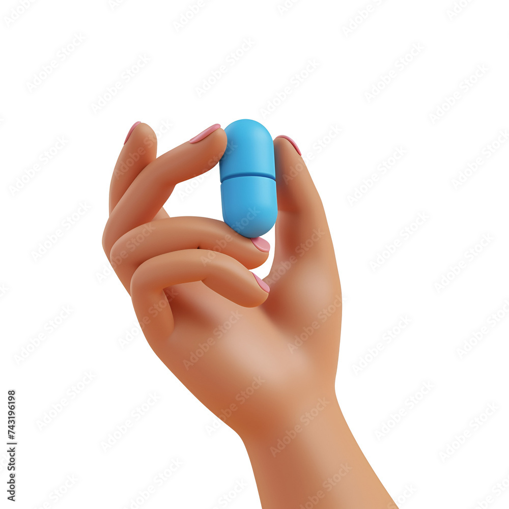 Hand Holding Blue Pill Illustrated in Simple Cartoon 3D Style, Cute ...