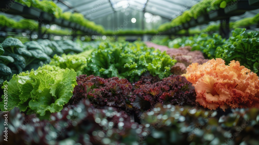Create a wide, bird's-eye view image showcasing a high-tech hydroponics ...