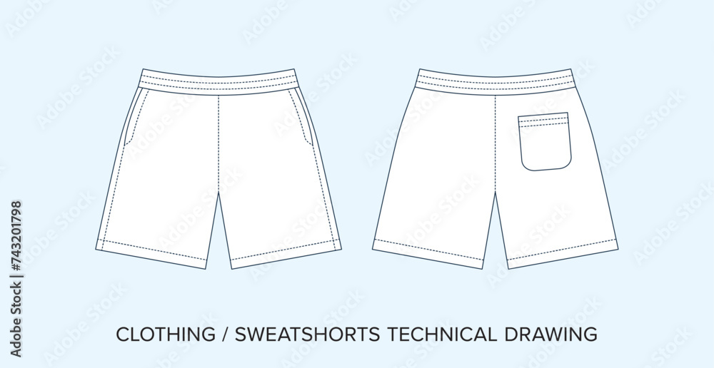 Blank Sweatshorts Technical Drawing, Apparel Blueprint for Fashion ...