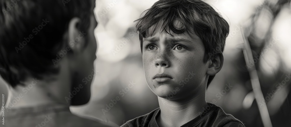 In this black and white scene, a young boy appears distressed while ...