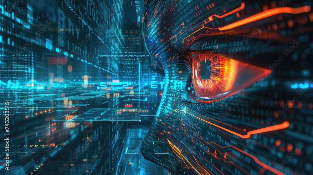 Hacker eye in space of digital data, abstract network information ...