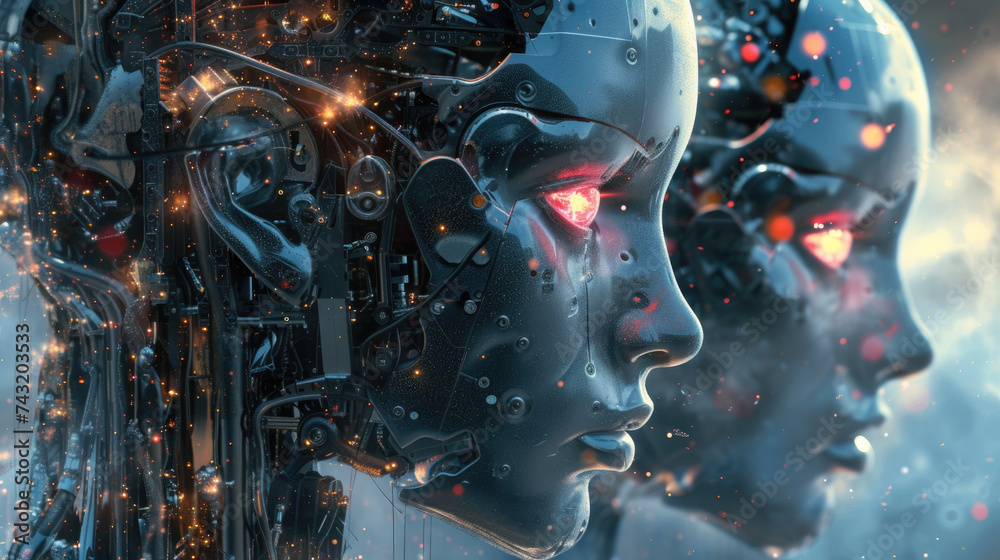 AI robots with human faces, dramatic portrait of cyborgs with glowing ...