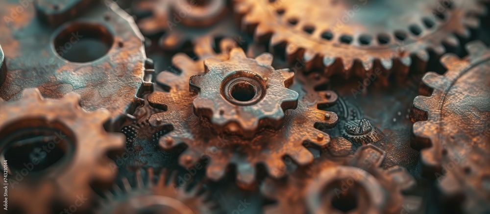 This close-up shot showcases a bunch of rusty old metal cog wheels ...