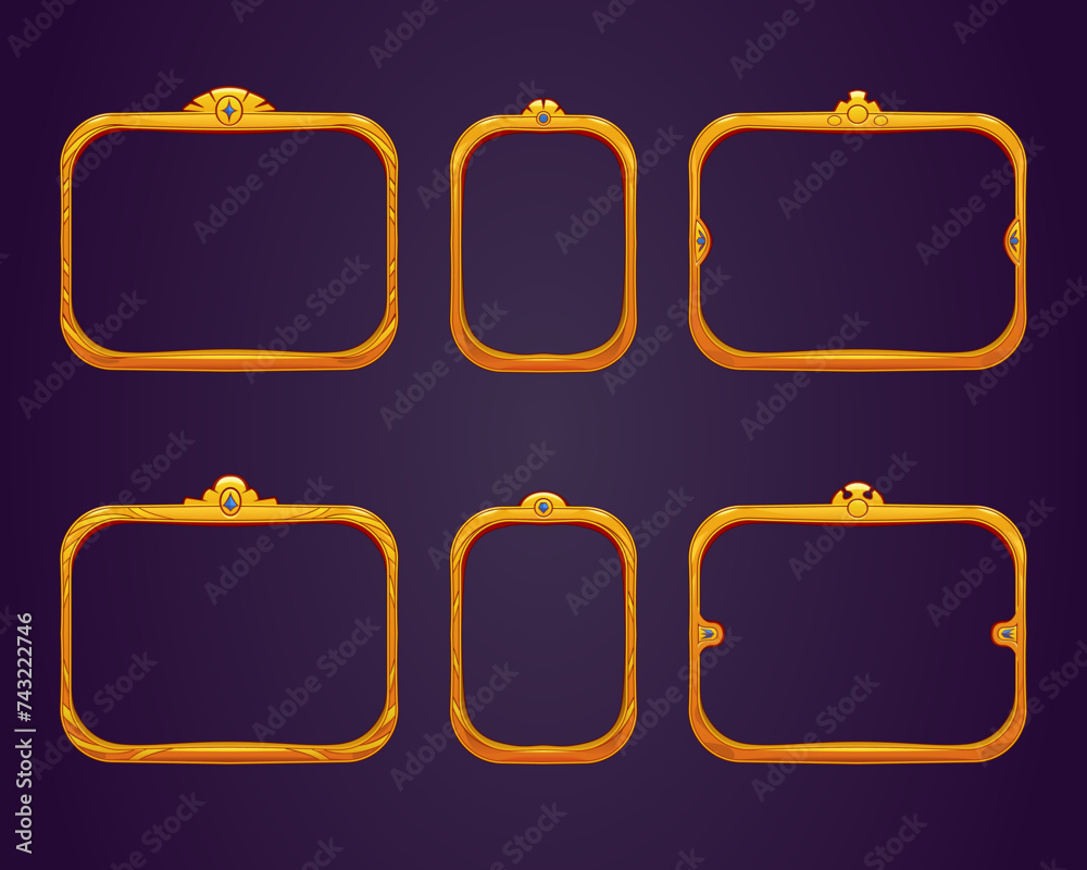 Set of isolated vector frames. Gold or wooden frame template. Game ...