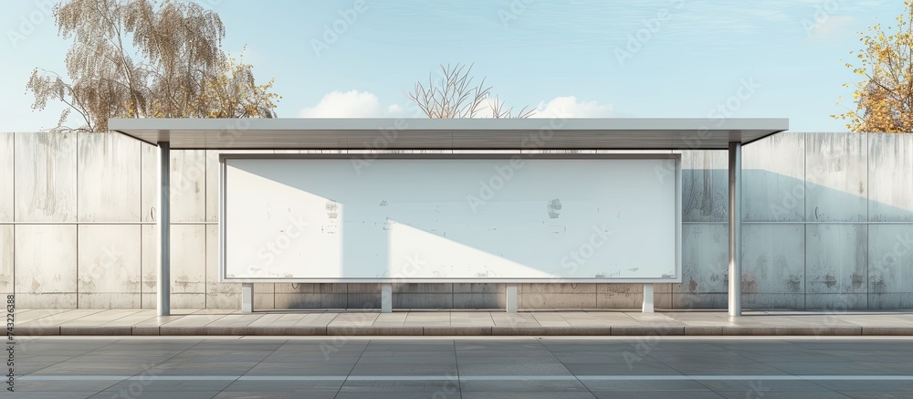 A white bus stop is situated on the side of a road in a suburban area ...