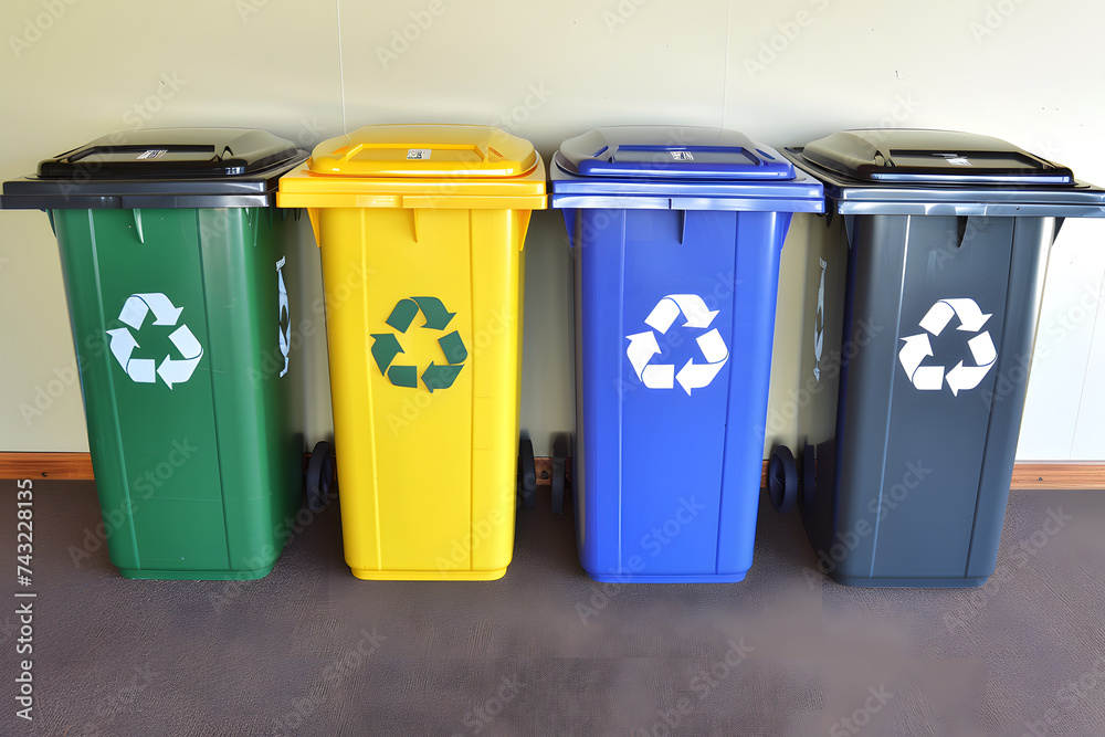 Four color-coded recycling bins lined up against a wall, each marked ...