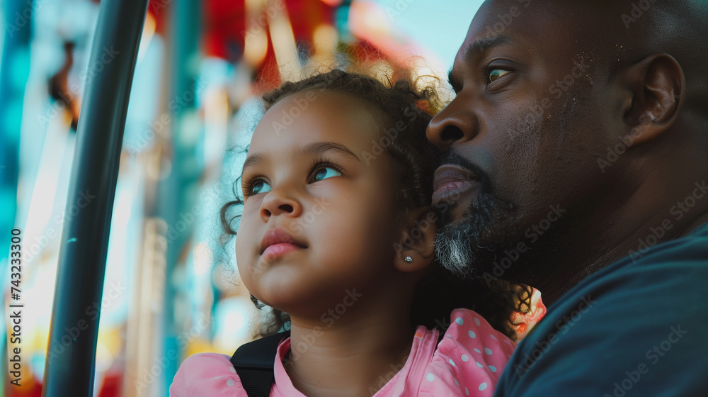 Candid Black Father And Daughter Hugging At A Theme Park Day Out