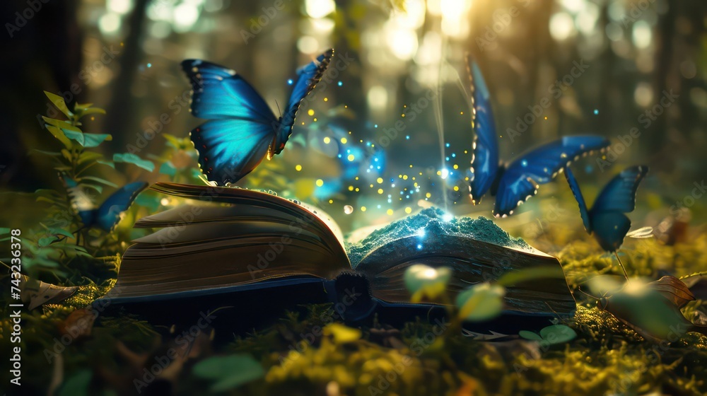 Fairy tale butterflies fly from a magic book lying on an old wooden ...