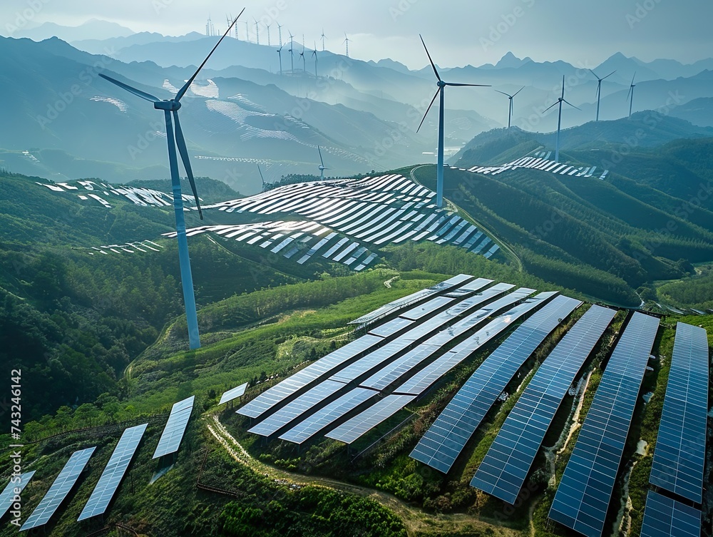 Photovoltaic solar panels and towering wind turbines in an expansive ...