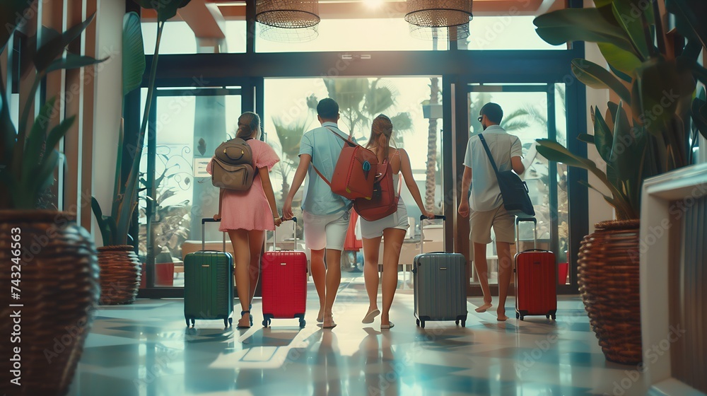 Young group of tourists with suitcases arriving at youth hostel guest ...