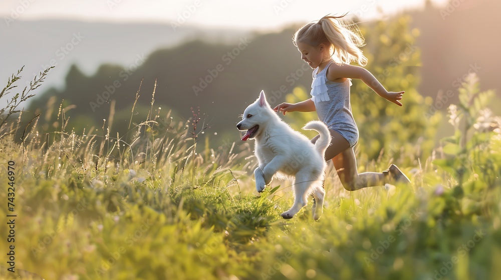 Young girl running with her dog Puppy white dog is running with its ...