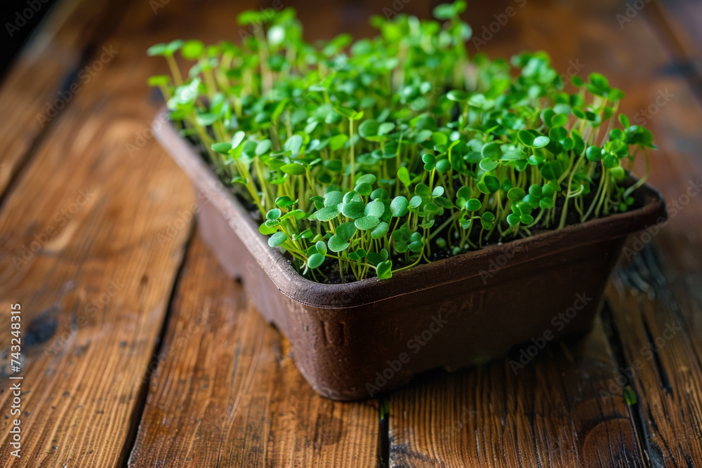 Microgreens in a small brown container on a dark wooden table. Young ...