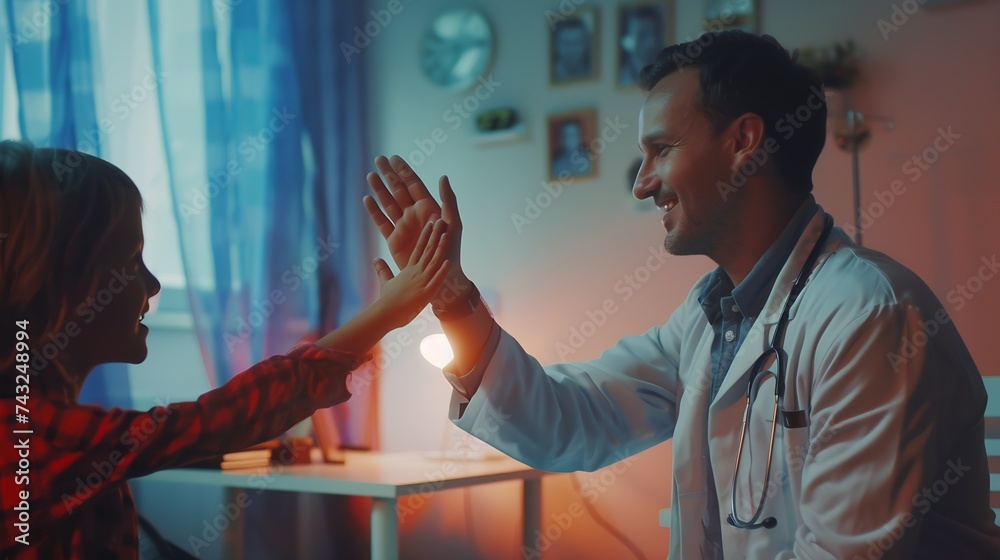 Happy male doctor have fun cheer support small 7s boy patient at visit ...