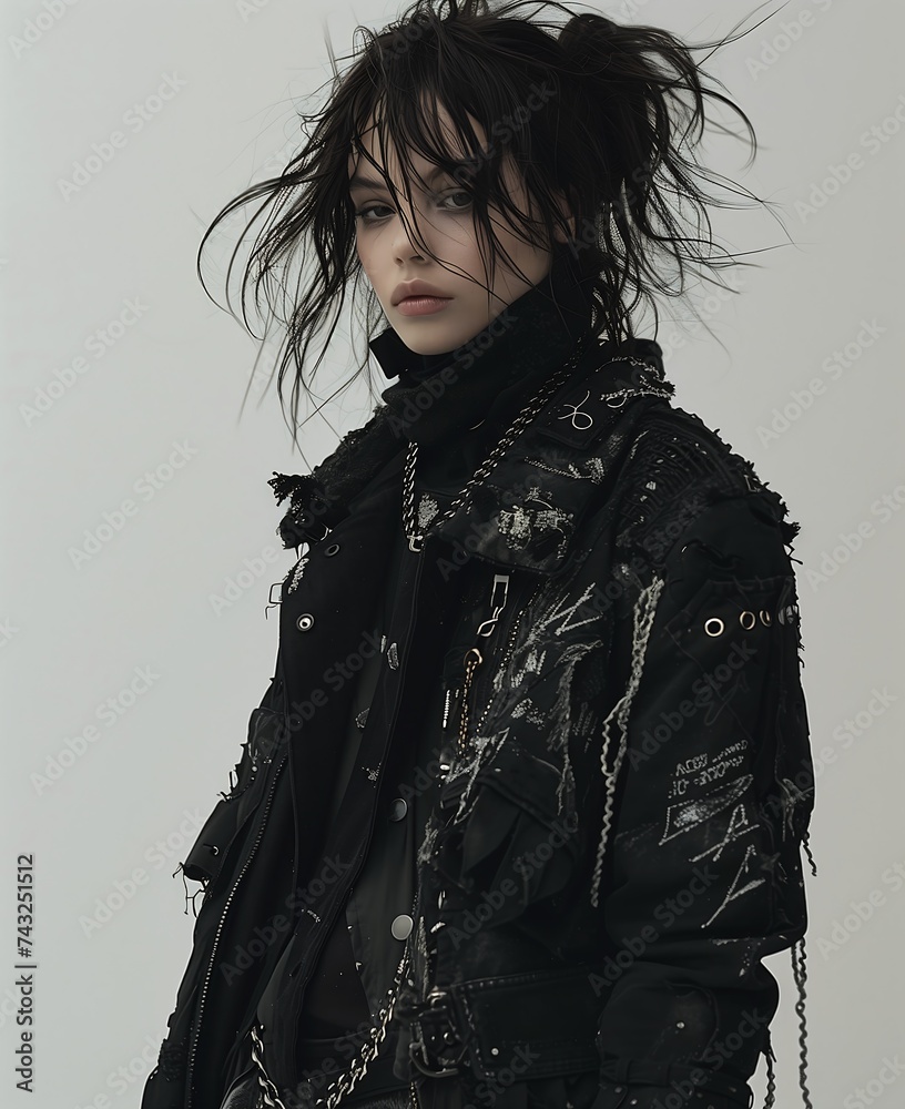 woman black hair jacket chains punk tattered clothes layers cover story ...