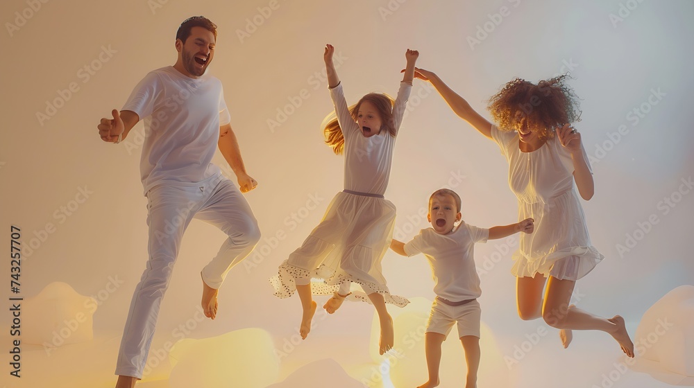 Full length overjoyed family of four jumping to music in modern studio ...