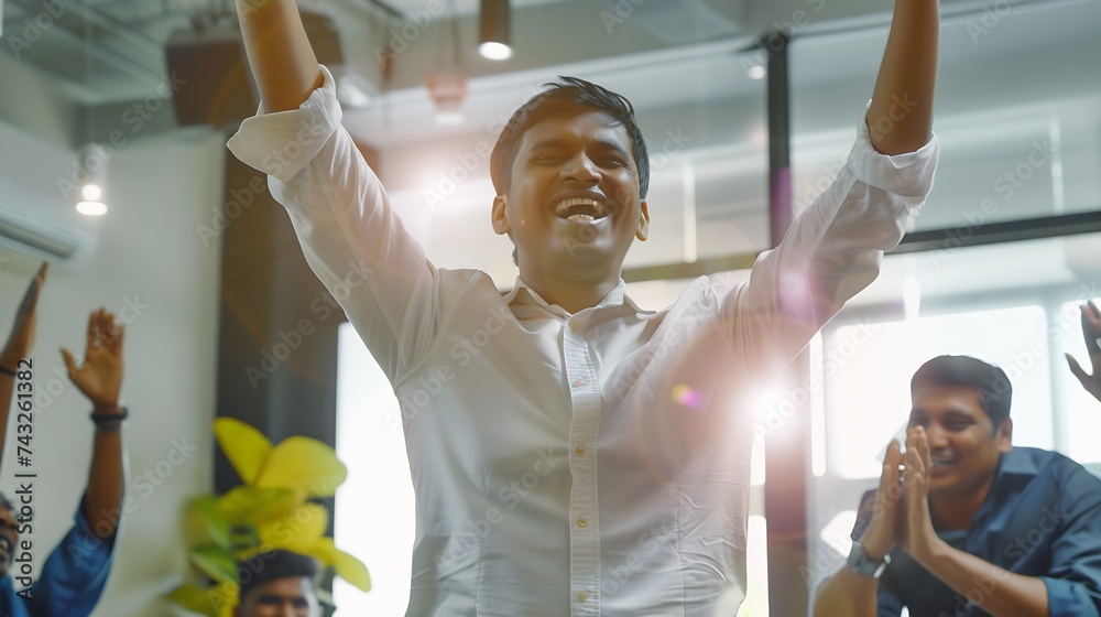 Happy proud excited Indian ethnicity employee get promotion receive ...