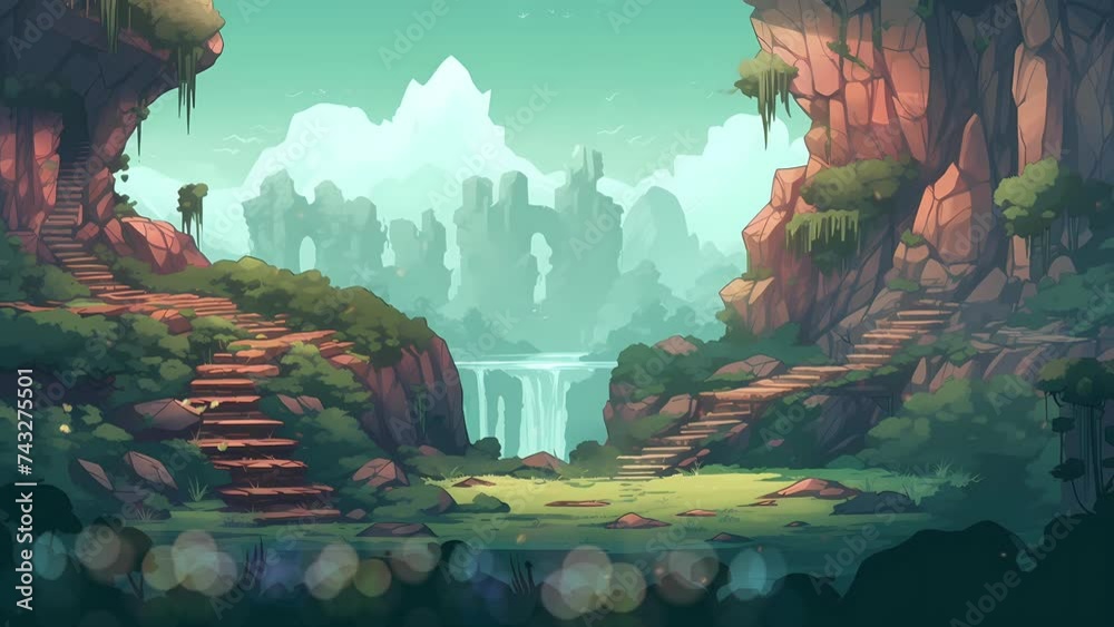 animation landscape cartoon style, mountain, lake, river, bridge, sky ...