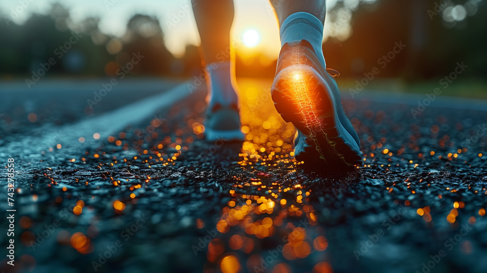 pain in food and legs highlighted while runiing in forest outdoor ...