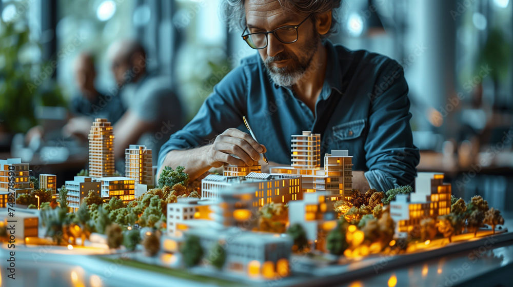 Engineer designing models of turbines, solar panels, and clean energy ...