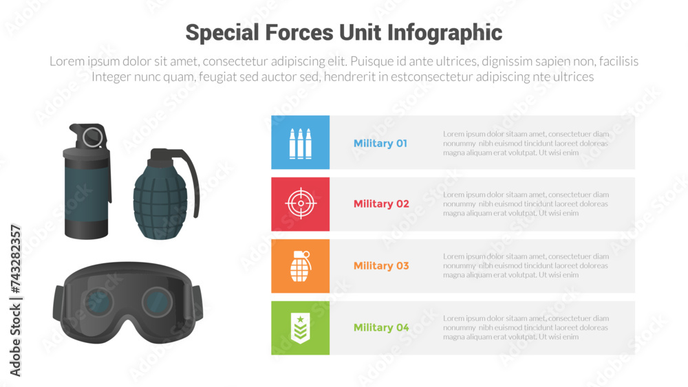special forces unit equipment gears infographics template diagram with ...