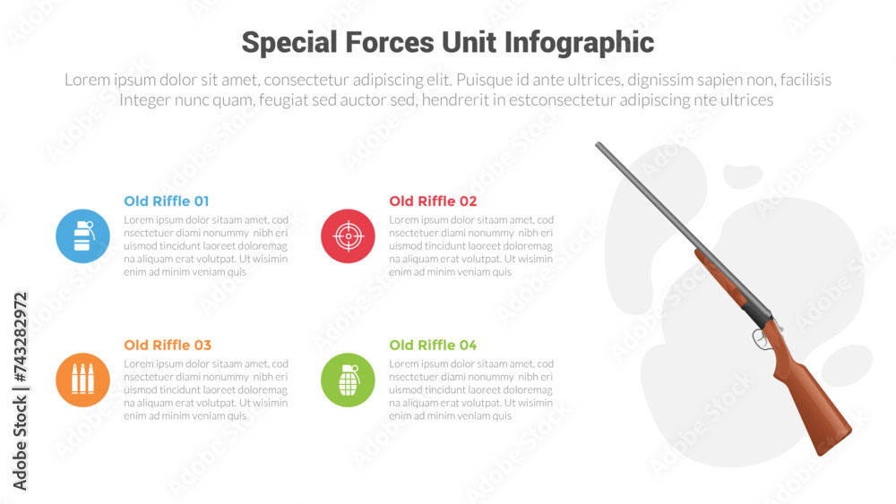 special forces unit equipment gears infographics template diagram with old antique riffle with 4 ...