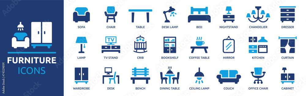 Furniture icon set. Containing sofa, chair, table, bed, lamp, wardrobe ...