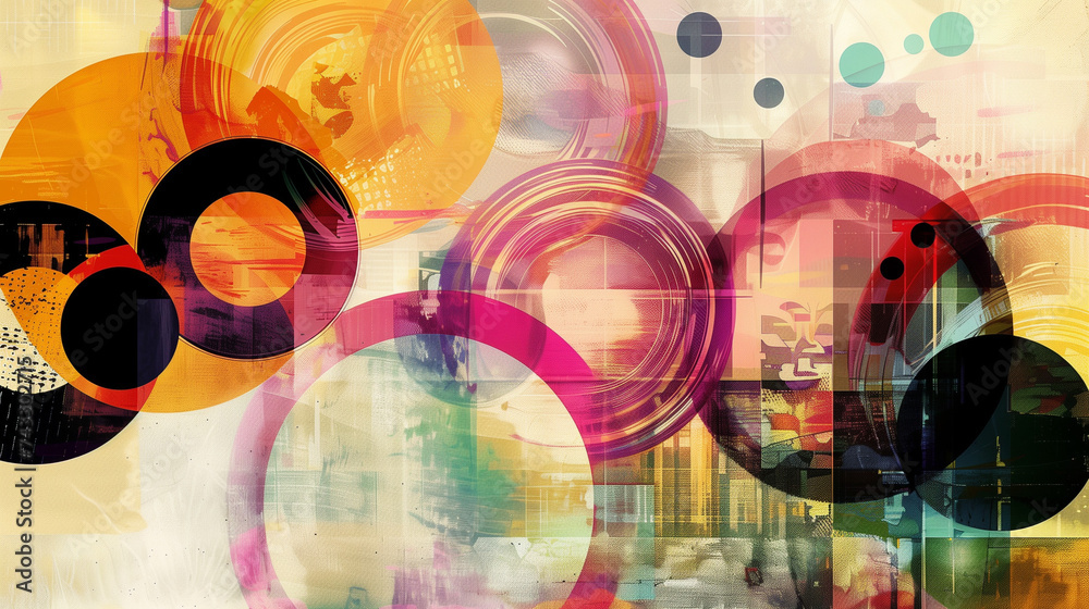 An abstract painting featuring various circles and dots in different ...