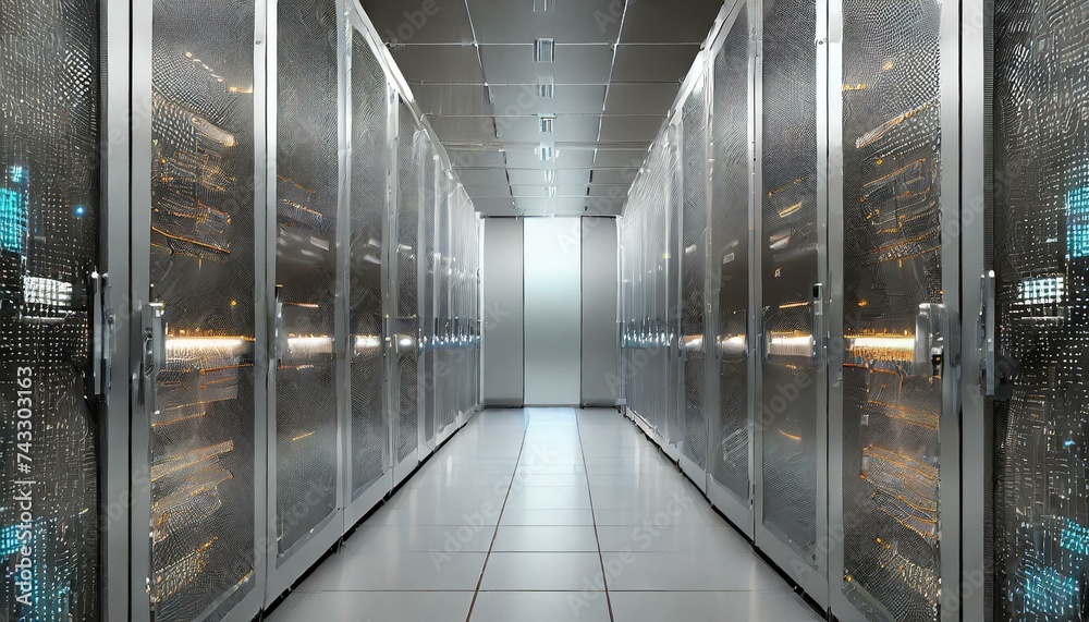 Server room with racks of computer equipment on both sides of a hallway ...