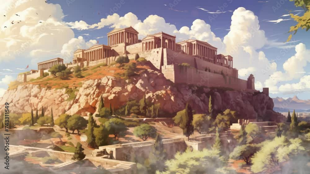 poster acropolis ancient ruins flat illustration. cartoon animation ...