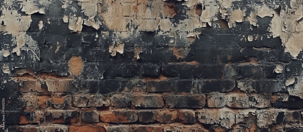 A close-up view of a worn brick wall with paint peeling off, revealing ...