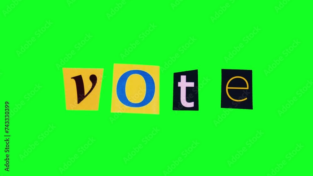 Isolated logotype with the word vote made of moving magazine cut ...