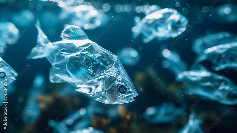 Transparent fish made of plastic floating in the ocean, highlighting ...