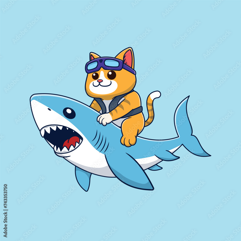 Cute cat riding shark cartoon vector illustration Stock Vector | Adobe ...