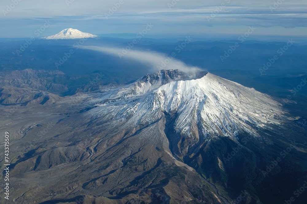 Steam rising from active volcano Mount Saint Helens on the Ring of Fire ...